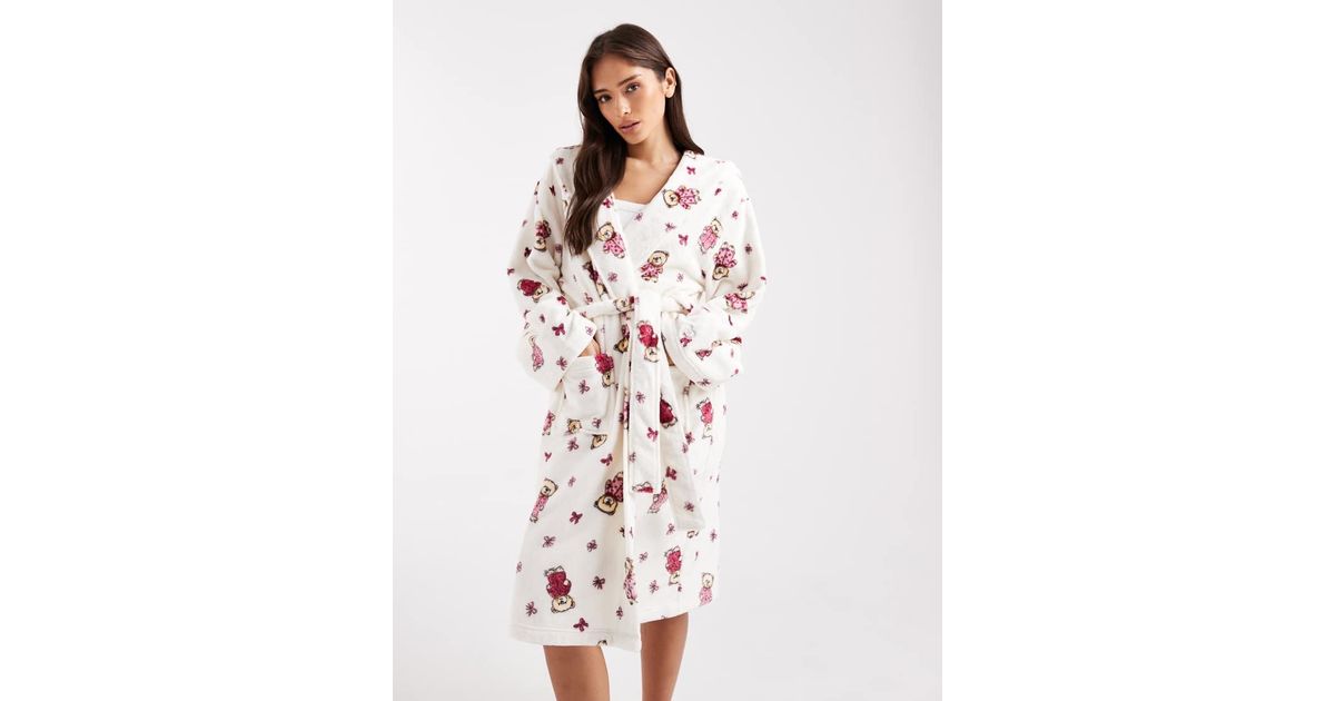 Miss Selfridge Teddy Bear Print Dressing Gown in White | Lyst UK