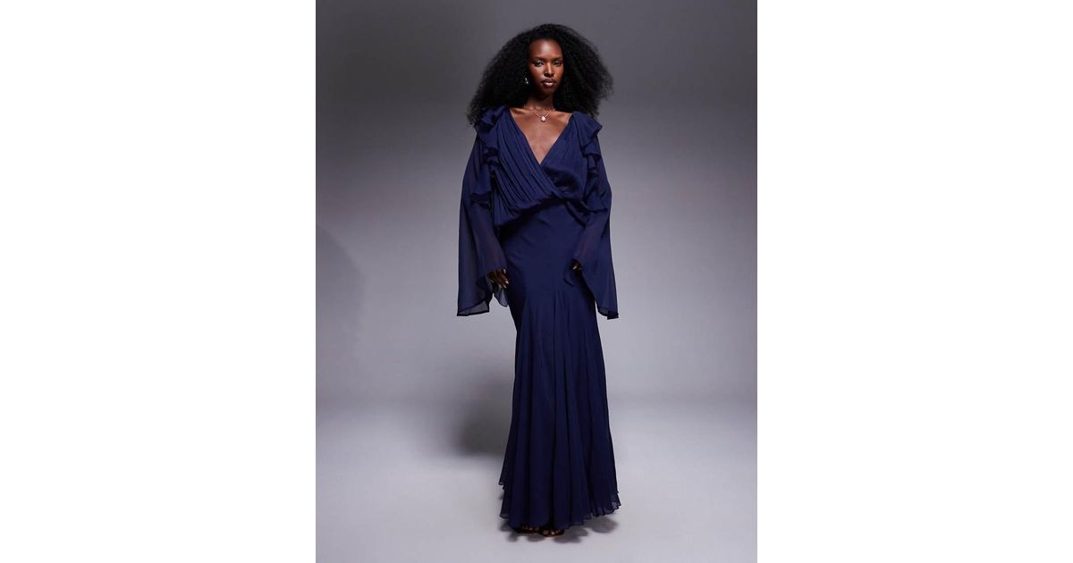 ASOS Slouchy Hip Ruffle Maxi Dress With Godets in Blue | Lyst UK