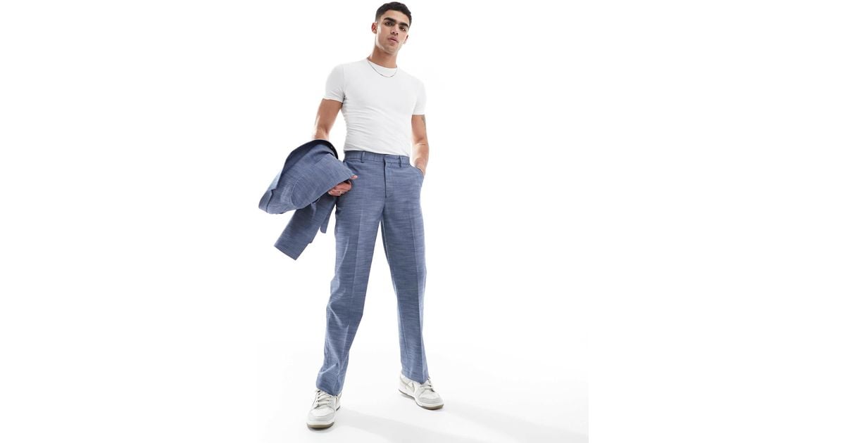 ASOS Linen Look Straight Leg Suit Trousers in Blue for Men | Lyst