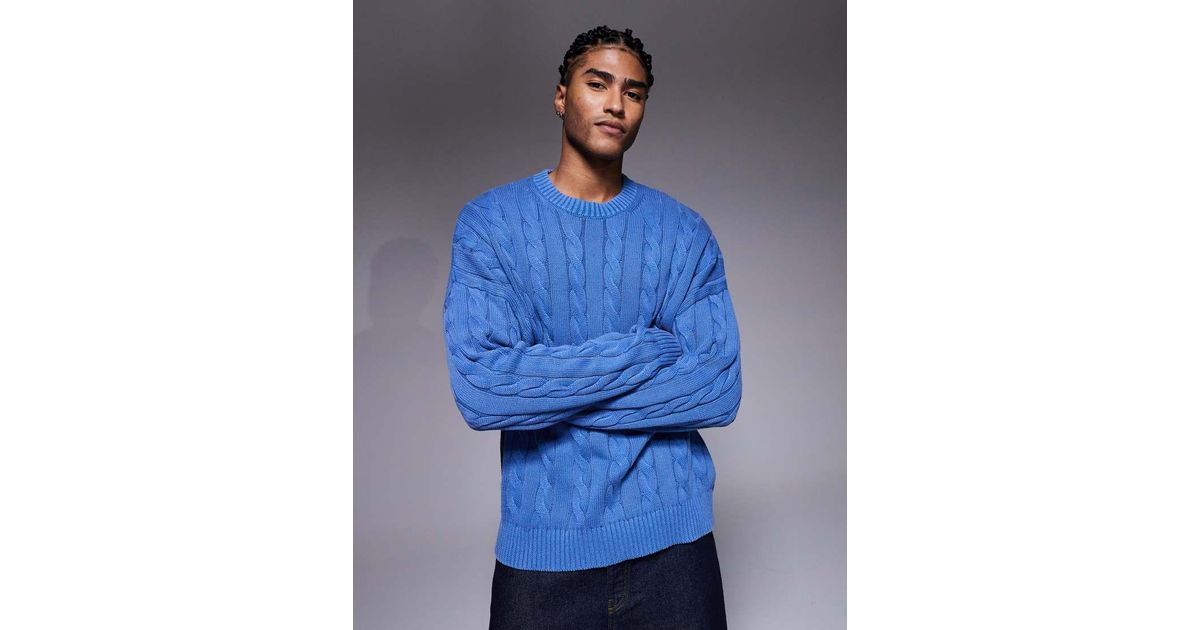 ASOS Oversized Cable Knitted Jumper in Blue for Men | Lyst UK