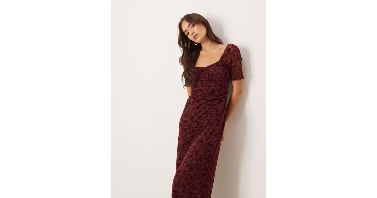 ASOS Lace Devore Puff Sleeve Midi Tea Dress in Red | Lyst UK