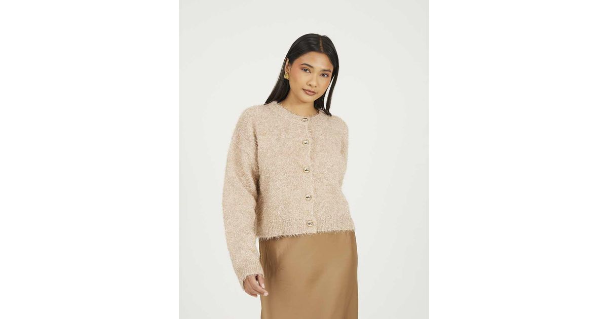 Brave Soul Fluffy Tinsel Knit Cardigan in Natural | Lyst UK