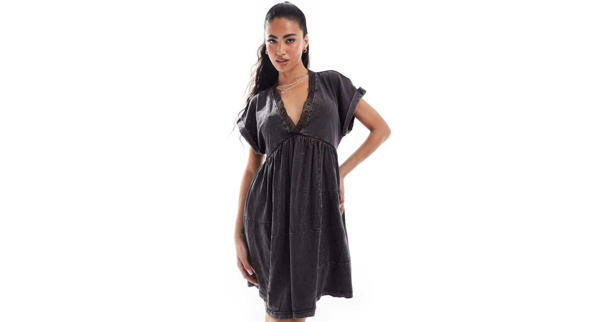 ASOS V Neck Rolled Up Short Sleeve With Embroidery Mini Dress in Black ...