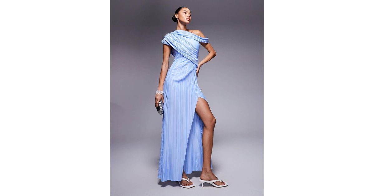 ASOS Plisse Drape Shoulder Maxi Dress With Wrap Skirt in Blue | Lyst