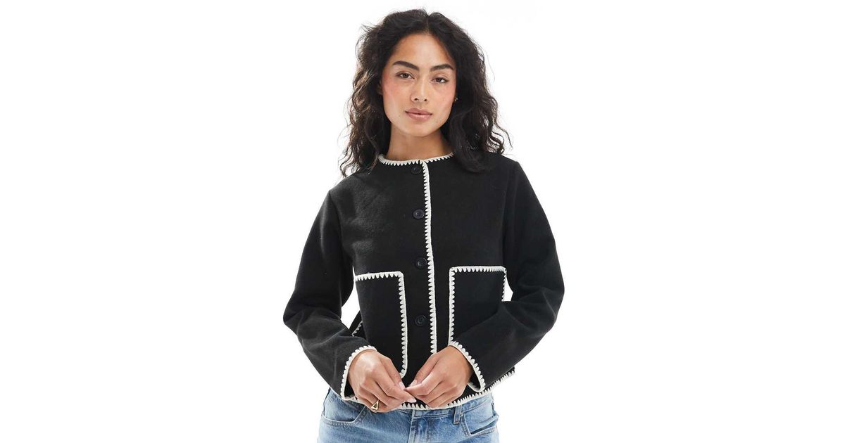 Wednesday's Girl Blanket Stitch Boxy Jacket in Black | Lyst UK