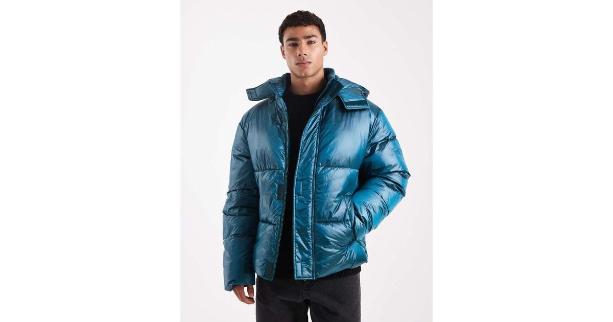ASOS High Shine Puffer Jacket in Blue for Men | Lyst UK