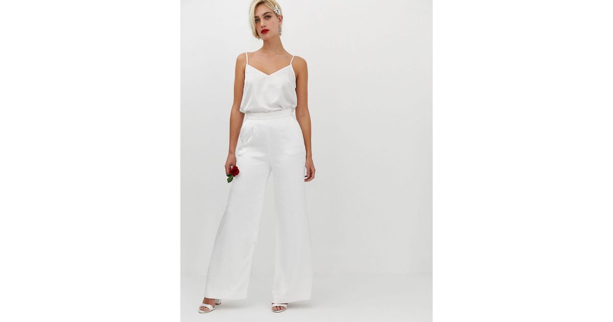 ASOS Satijnen Broek Met Wijde Pijpen in het Wit | Lyst NL