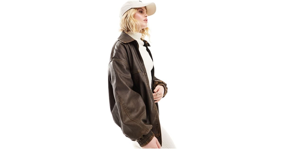 Bershka Super Oversized Faux Leather Dad Jacket in Brown | Lyst