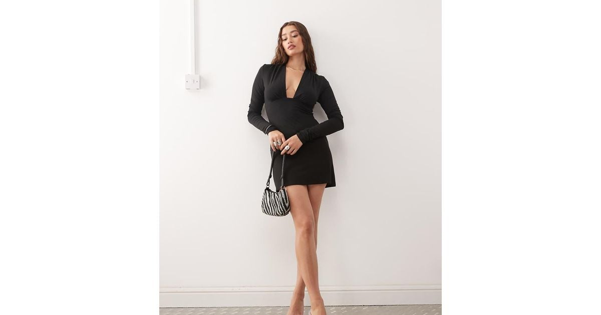 Weekday Deep Halter Neck Long Sleeve Mini Dress in Black | Lyst UK