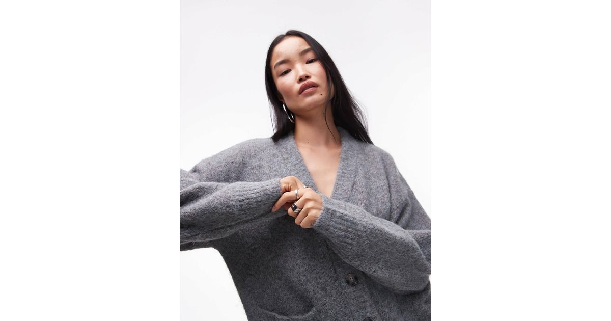 TOPSHOP Knitted V-neck Fluffy Oversized Cardigan With Pockets in Gray ...
