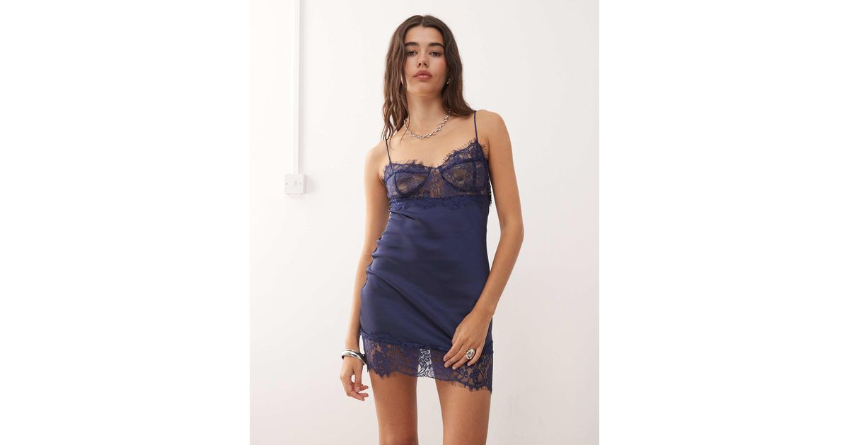 Lioness Angelic Sheer Lace Bust Detailing Satin Mini Dress in Blue | Lyst