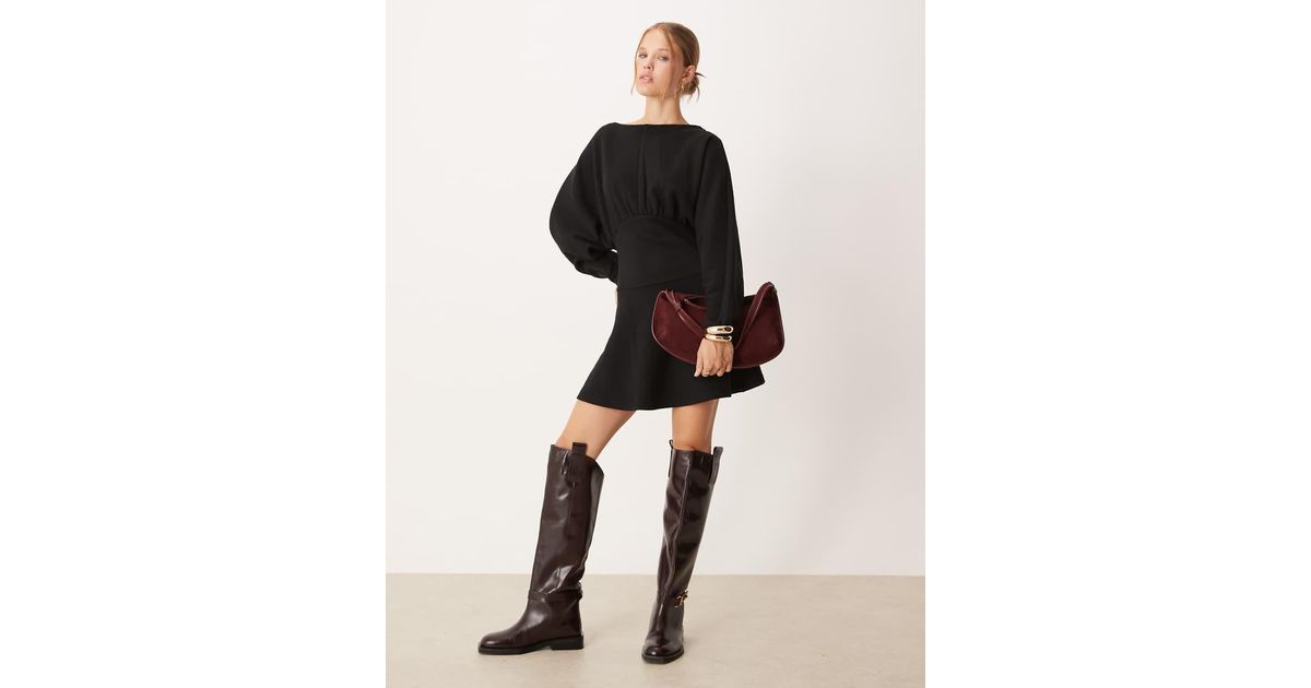 ASOS Supersoft Slash Neck Blouson Batwing Mini Dress in Black | Lyst UK