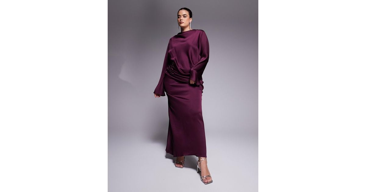 ASOS Asos Design Curve Long Sleeve Satin Maxi Dress With Ruched Tab ...