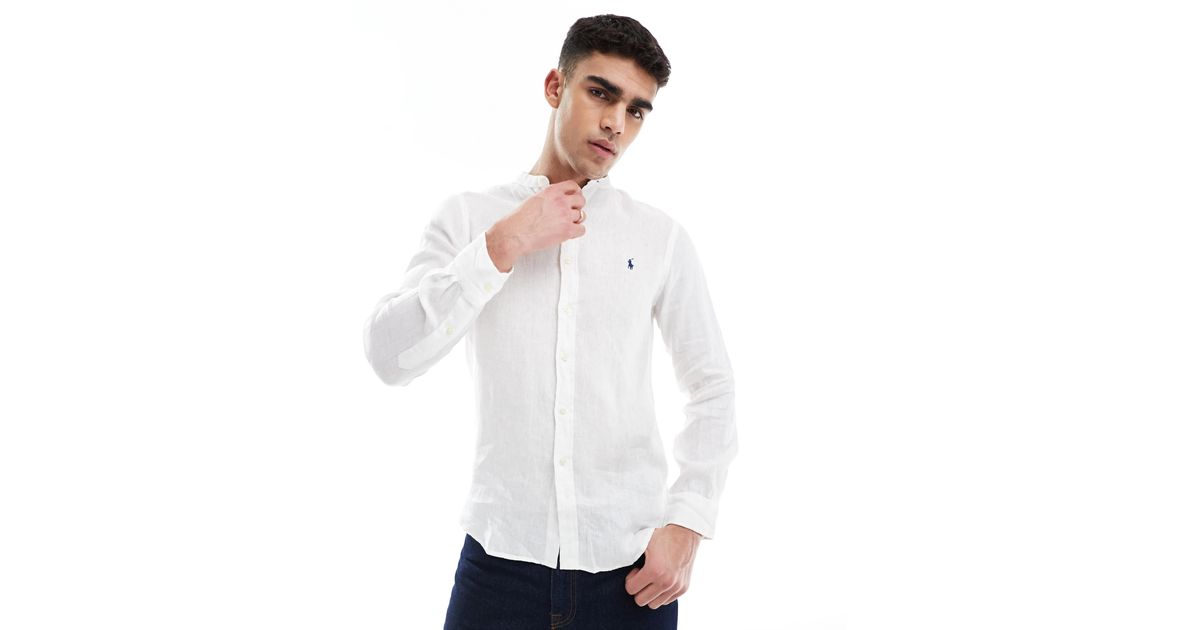 Polo Ralph Lauren Icon Logo Slim Fit Band Collar Linen Shirt in White for Men | Lyst