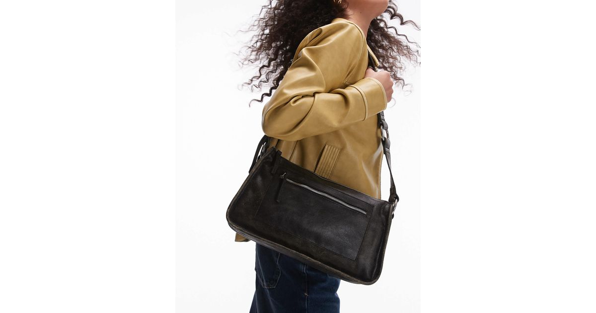 Mango Square Worn Leather Effect Shoulder Bag in Black | Lyst