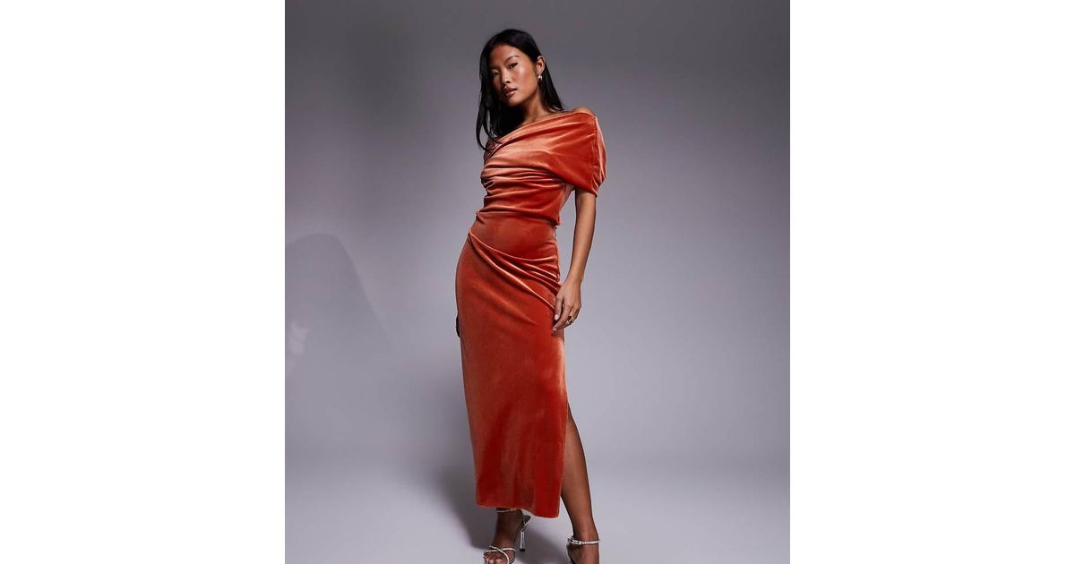 ASOS Asos Design Petite Velvet Midi Dress With Fallen Shoulder in Red ...