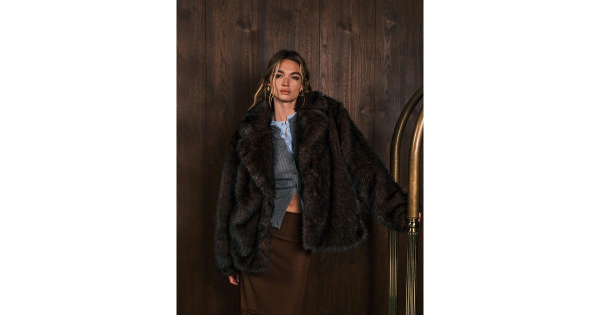 Monki Oversized Short Faux Fur Coat With Collar Detail in Black | Lyst