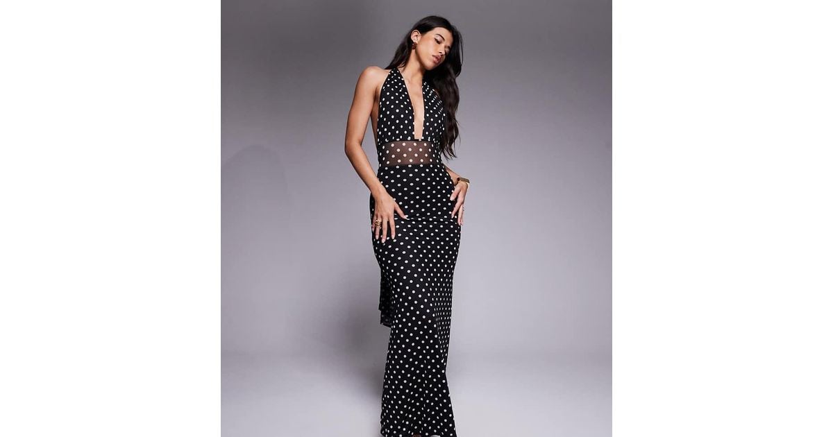 Kaiia Exclusive Plunge Halterneck Sheer Panel Maxi Dress in Blue | Lyst UK