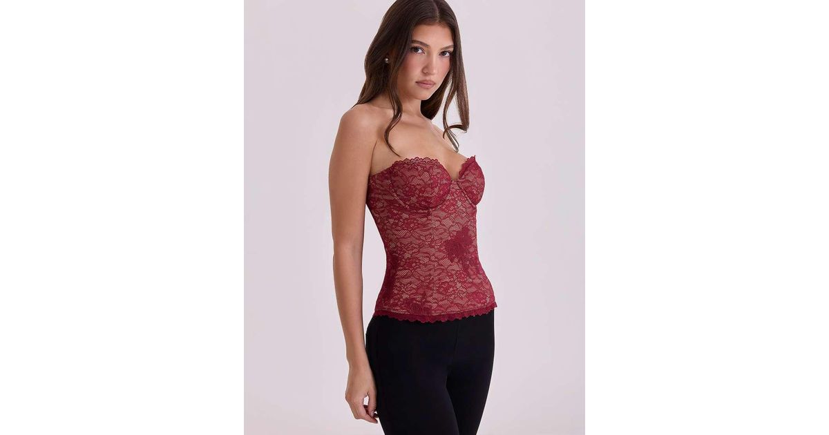 House Of Cb Yara Wine Lace Strapless Corset Top in Red | Lyst UK