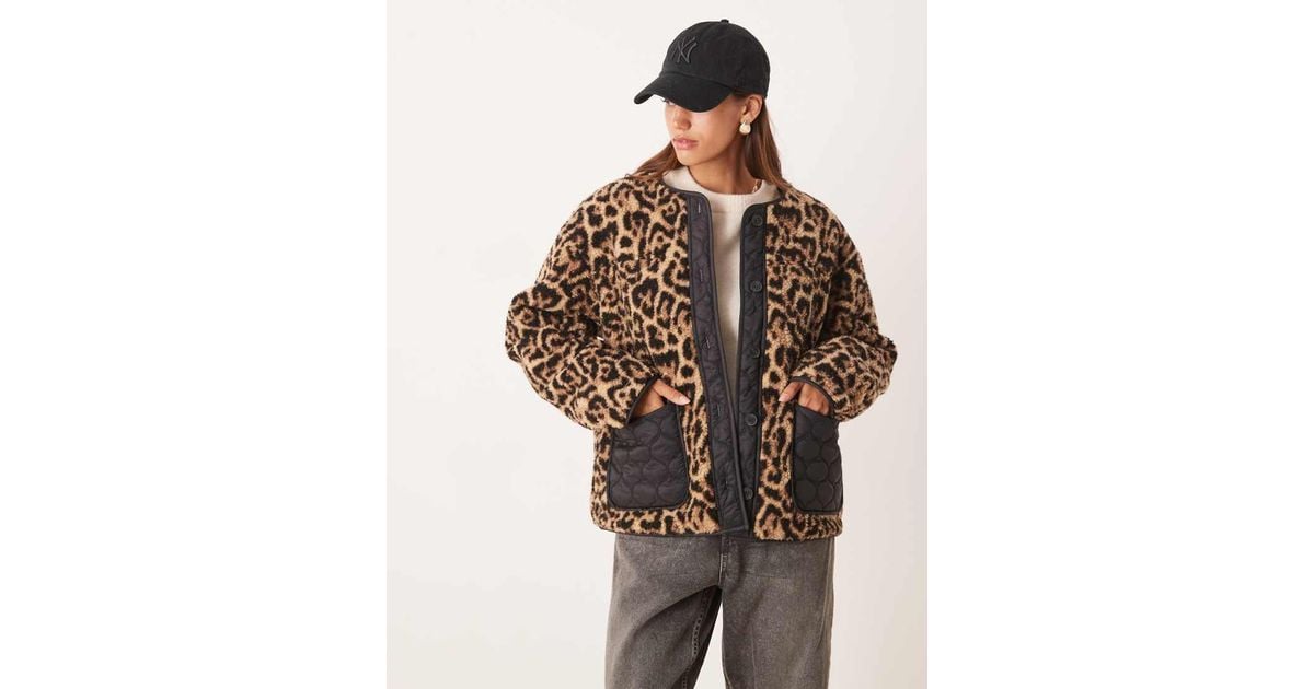 ASOS Leopard Borg Fleece Jacket With Quilted Nylon Detail in Natural ...