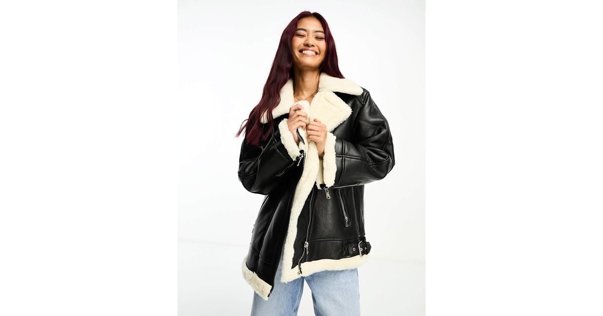 ASOS Faux Leather Bonded Borg Aviator Jacket in Black | Lyst