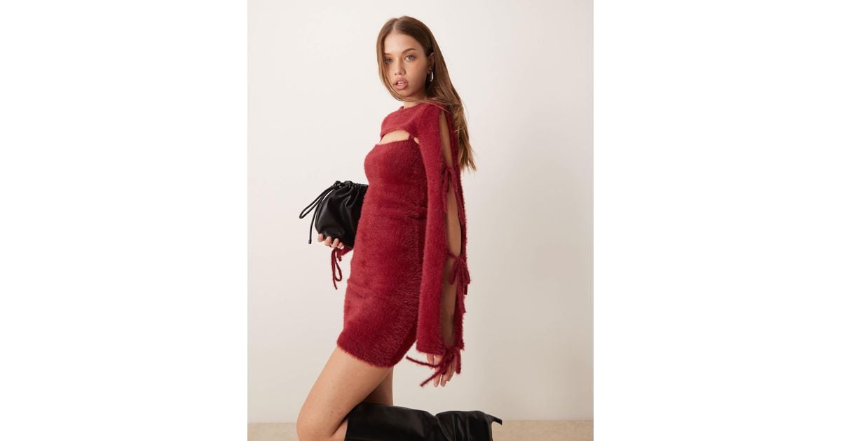 The Frolic Exclusive Fluffy Cut Out Bow Tie Sleeve Knitted Mini Dress in Red | Lyst
