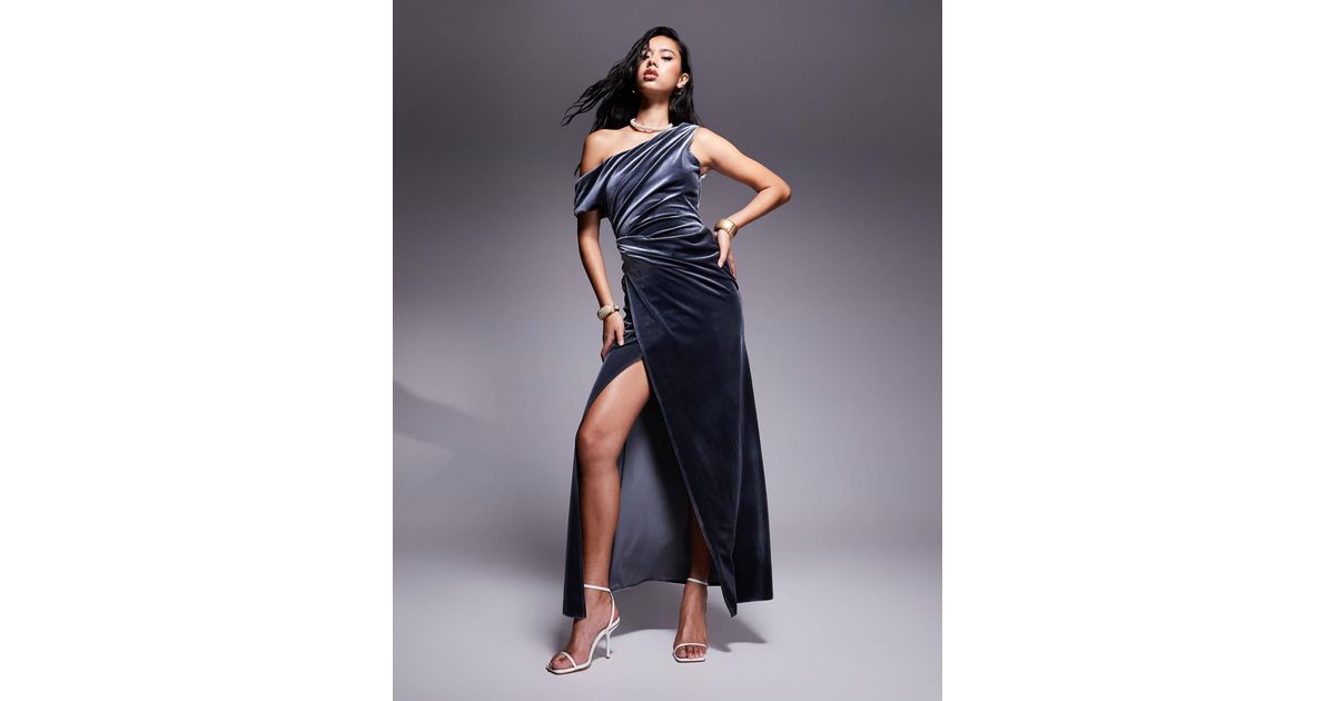 ASOS Velvet Premium Asymmetric Drape Detail Maxi Dress With Side Split ...