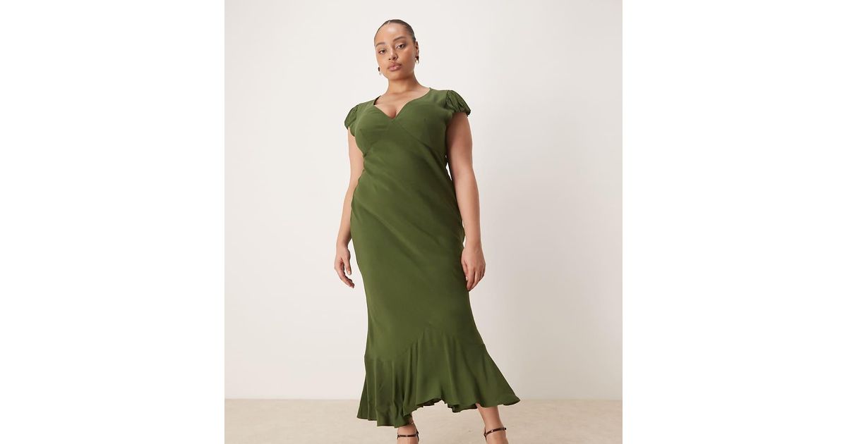 ASOS Asos Design Curve Puff Sleeve V-neck Maxi Tea Dress in Green | Lyst UK