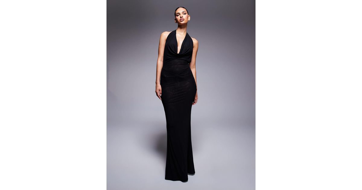 Murci Exclusive Mesh Halterneck Open Back Cowl Neck Maxi Dress in Blue ...