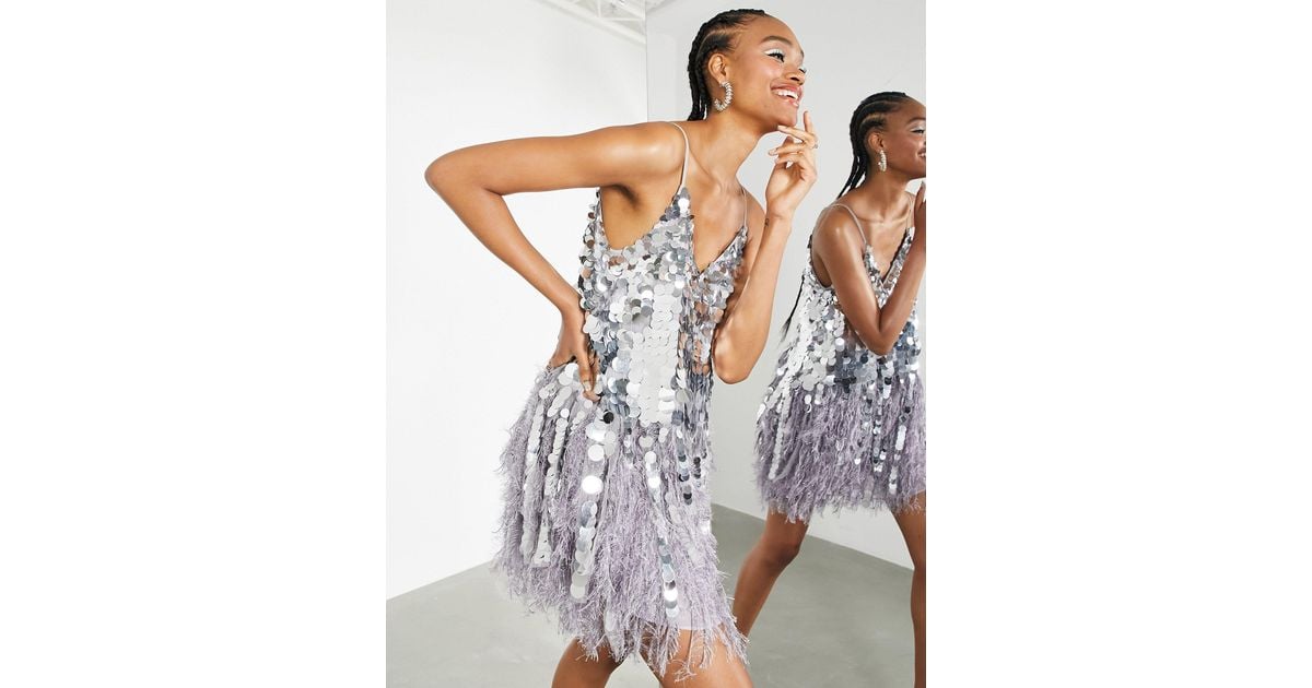 ASOS Paillette Sequin Mini Dress With Faux Feather Hem in Metallic | Lyst