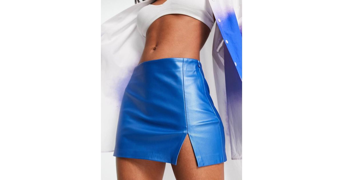 TOPSHOP Leather Look Micro Mini Split Skirt in Blue | Lyst UK