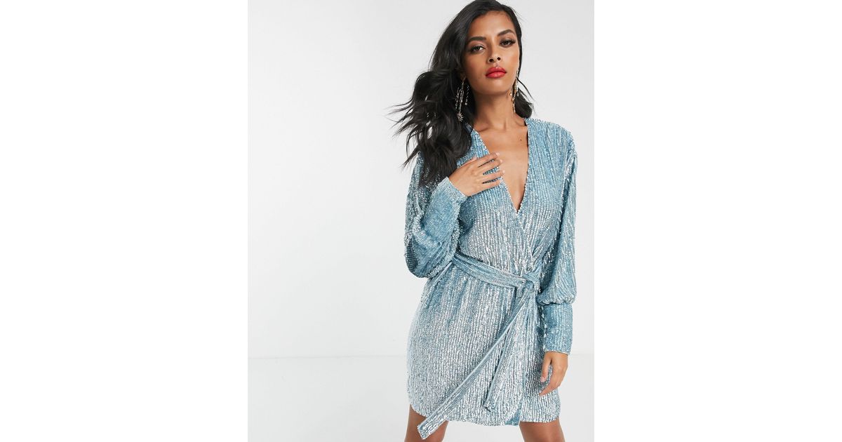 ASOS Sequin Wrap Mini Dress-blue | Lyst