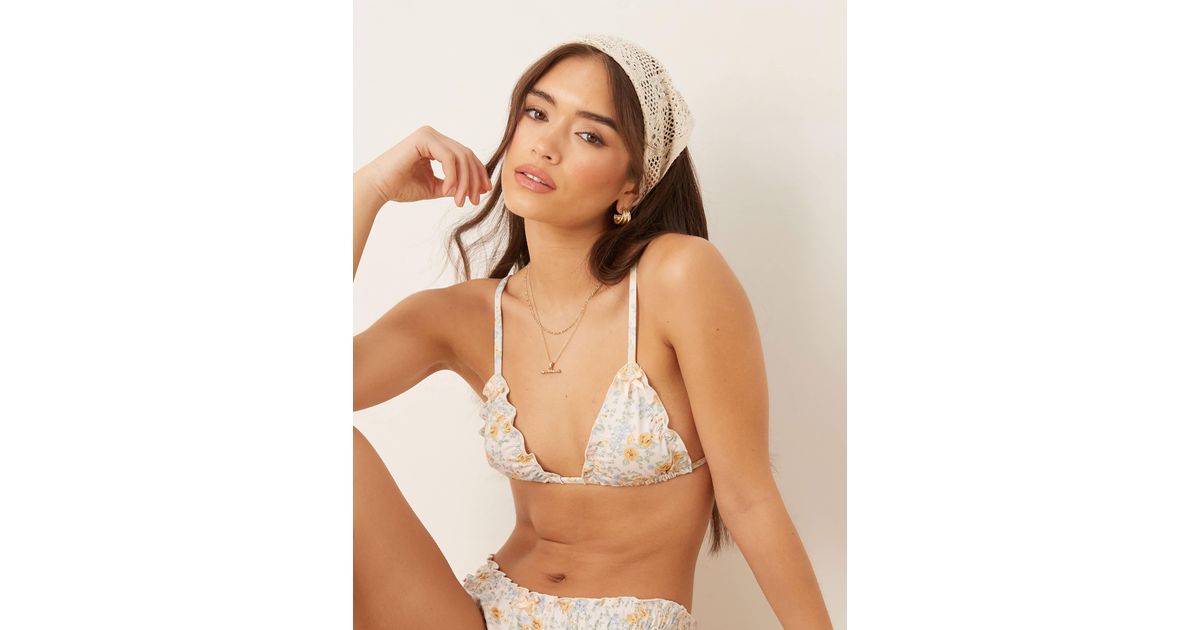 ASOS Vintage Floral Scrunch Triangle Bikini Top in Brown | Lyst