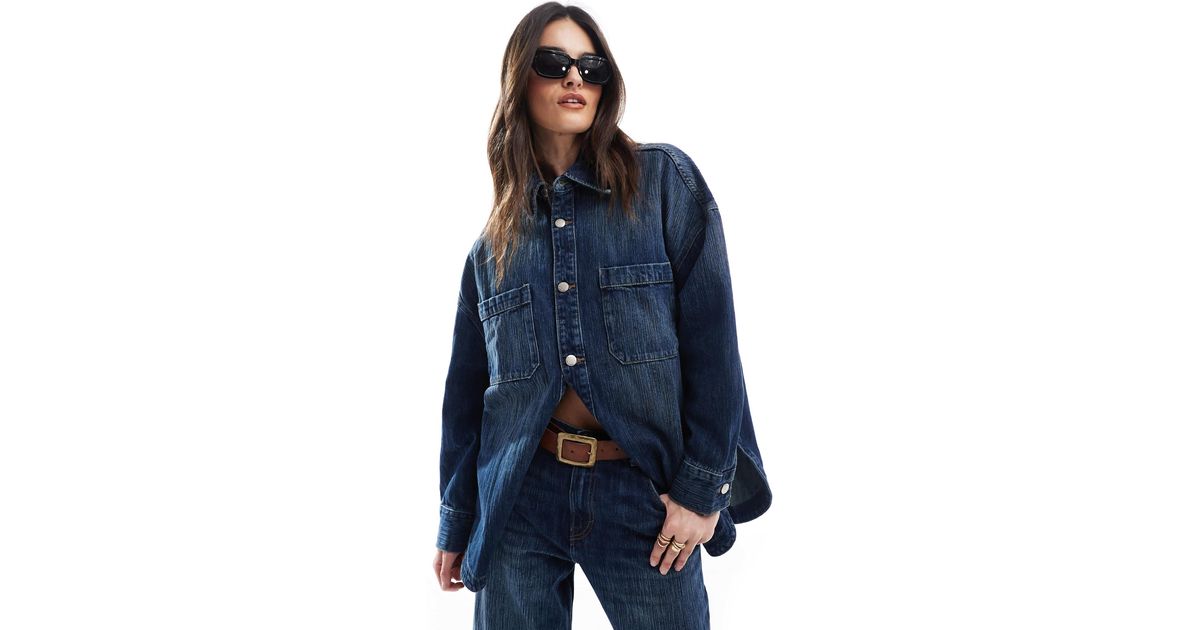 Pull&Bear Oversized Denim Shirt With Ombre Thread Detail Co-ord in Blue ...