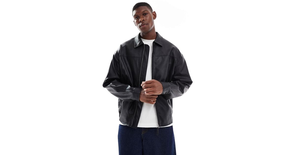 ASOS Faux Leather Bomber Jacket in Blue for Men | Lyst