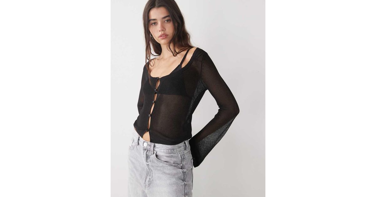 Monki Sheer Slim Fit Button Front Cardigan in Black | Lyst UK
