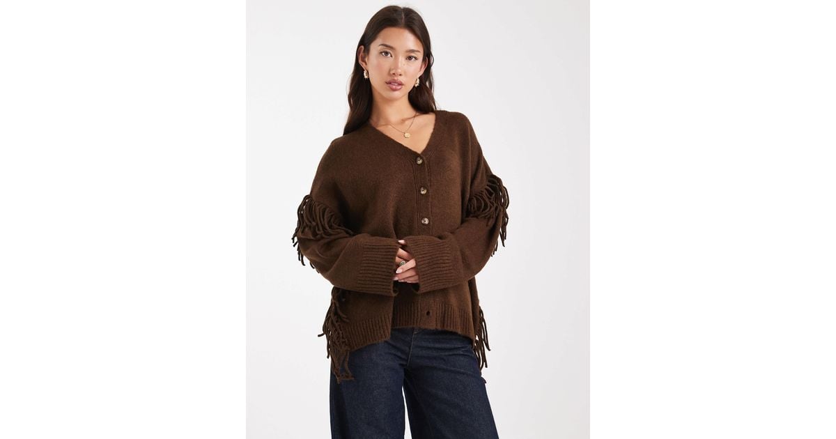 ASOS Fringe Detail Boyfriend Cardigan in Brown | Lyst