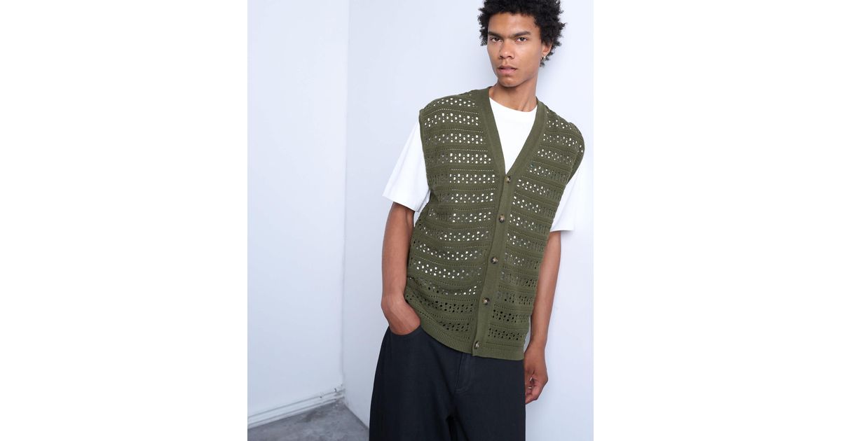 TOPMAN Relaxed Fit Button Through Knitted Tank in Green for Men | Lyst