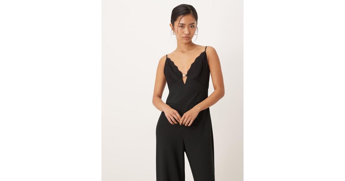 Abercrombie & Fitch Plunge Jumpsuit With Lace Detail in Black | Lyst UK