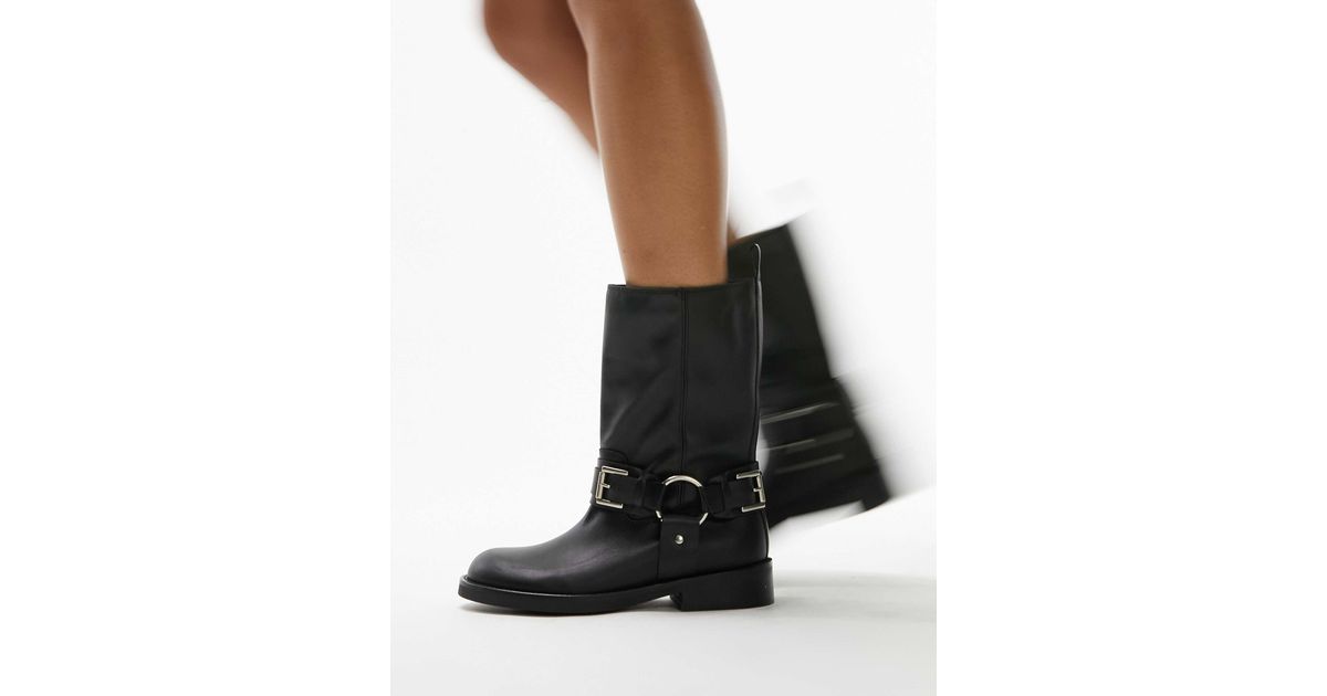 TOPSHOP Lea Premium Leather Biker Boot in Black | Lyst