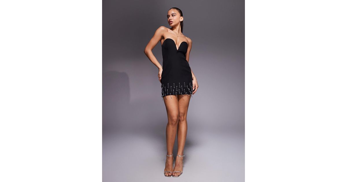 The Frolic Exclusive Structured Deep Plunge Embellished Hem Mini Dress ...
