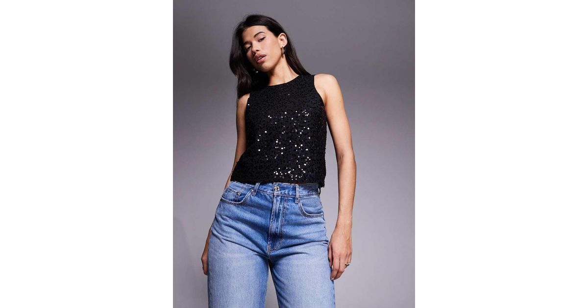 ASOS wiggle Sequin Sheer Mesh Tank Top in Blue | Lyst UK