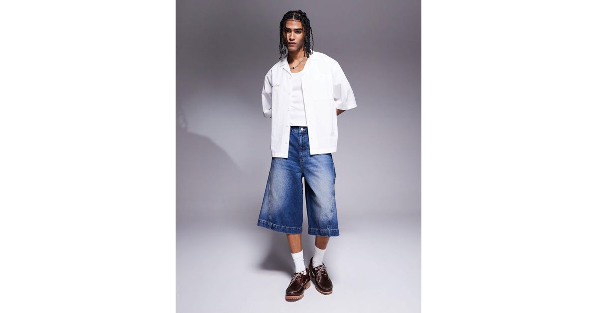 ASOS Longer Length Denim Jorts With Twisted Seam in Blue for Men | Lyst