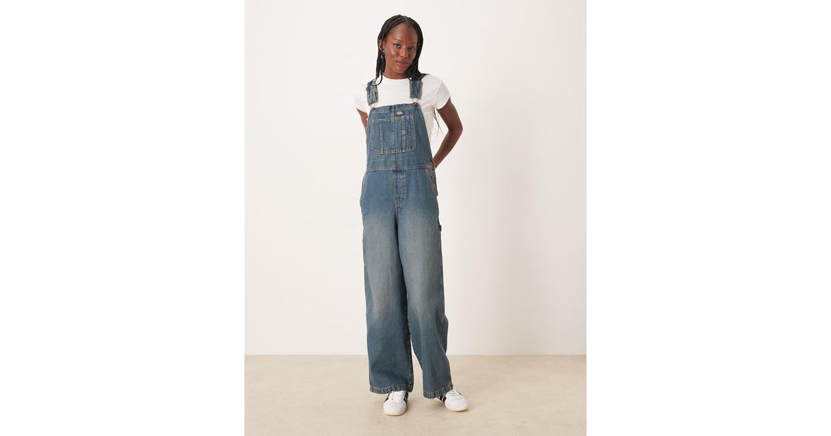 Dickies Mechanic Wide Leg Denim Dungarees in Blue | Lyst UK