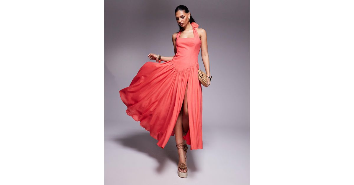 Bardot Halter Neck Drop Waist Maxi Dress in Red | Lyst