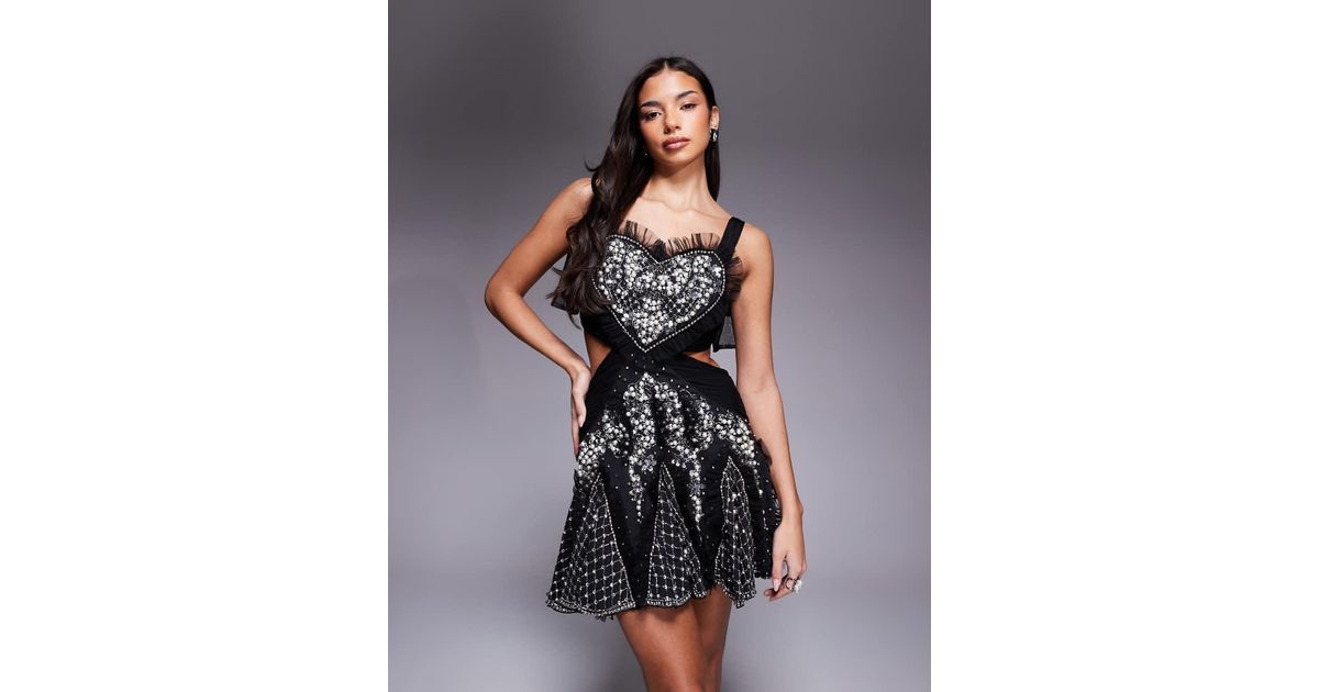 ASOS Pearl Embellished Heart Bust Skater Mini Dress in Black | Lyst UK
