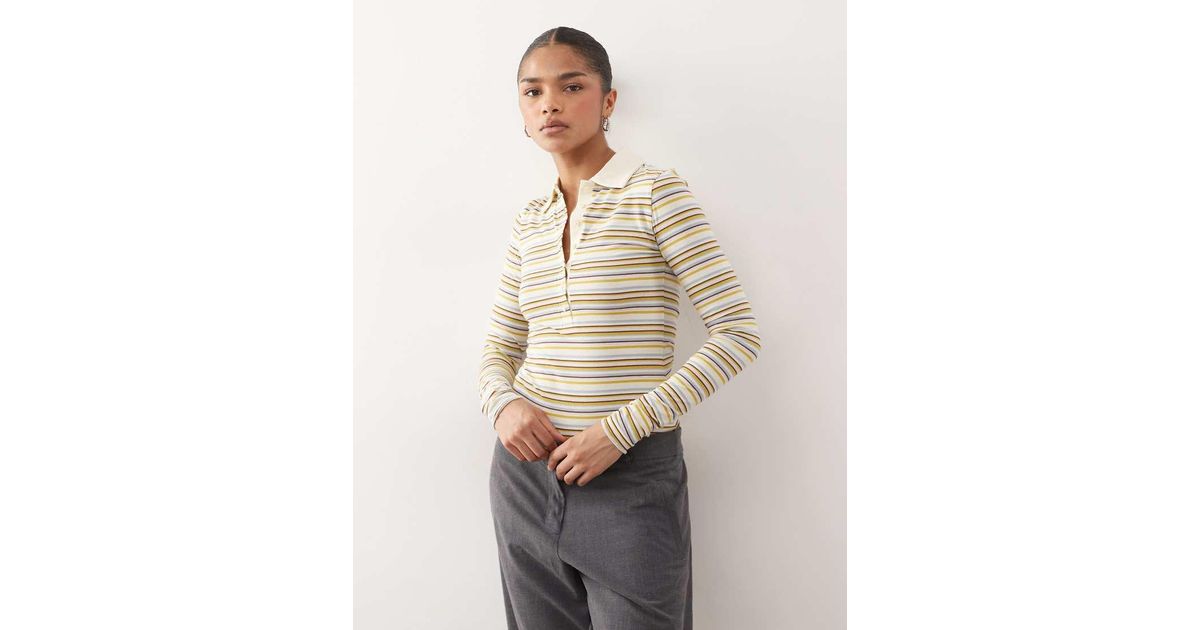 Monki Stripe Rugby Long Sleeve Top in Natural | Lyst UK