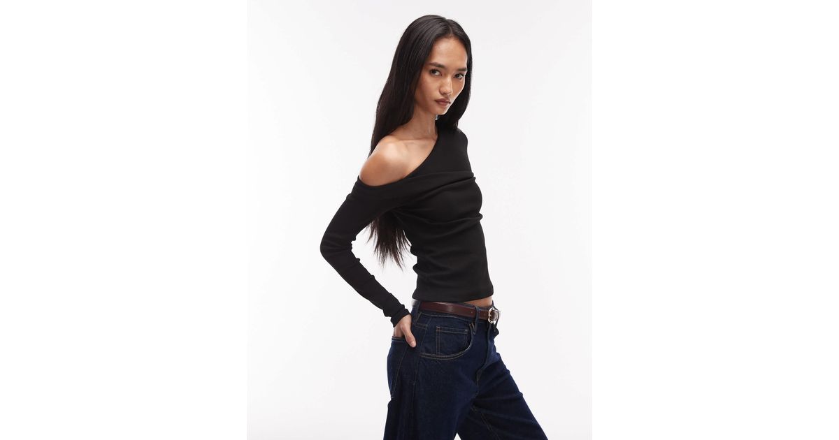 ASOS Ribbed Twisted Asymmetric Long Sleeve Top in Black | Lyst