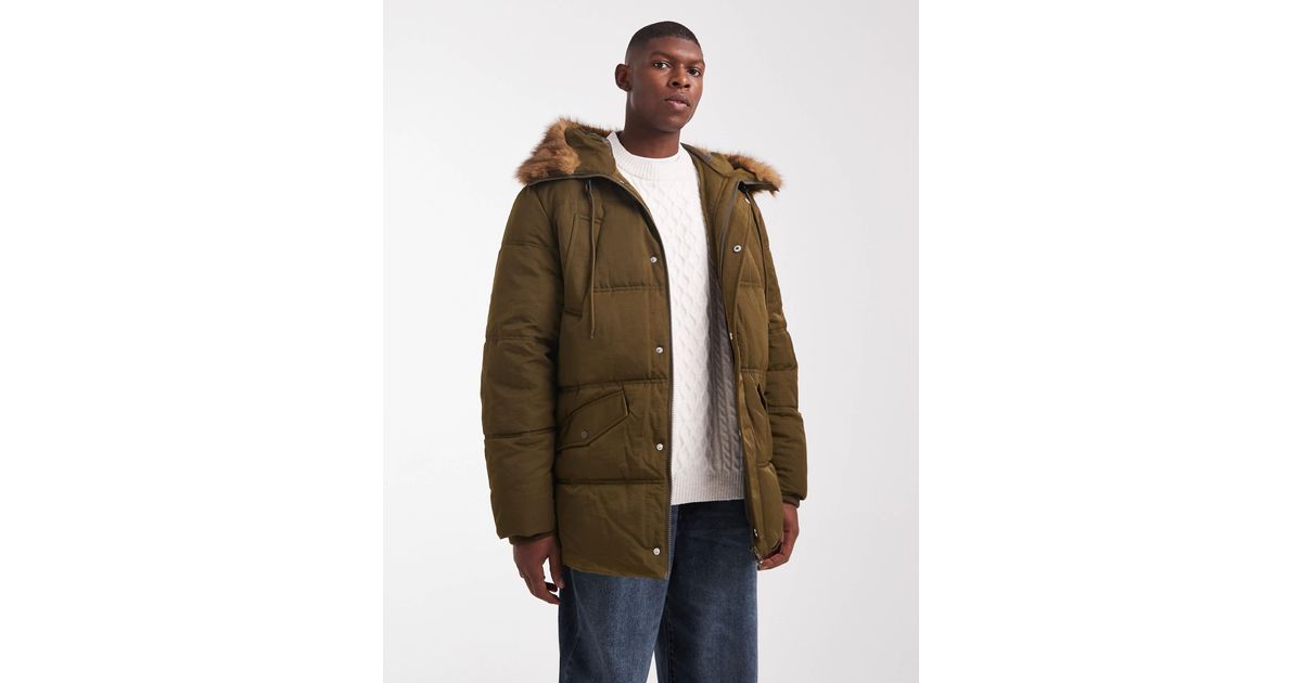 ASOS Puffer Jacket With Faux Fur Hood Trim in Brown for Men | Lyst