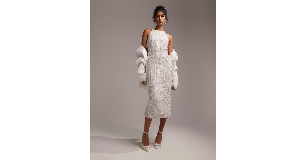 ASOS Pearl And Sequin Embellished Halter Midi Dress in Grey | Lyst UK